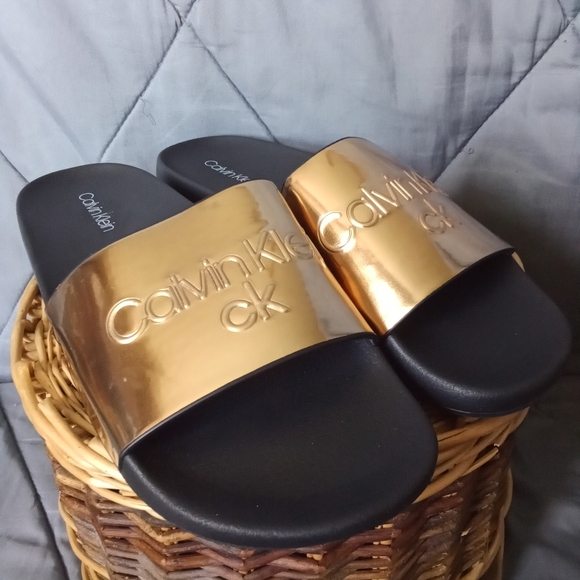 Calvin Klein | Shoes | Womens Calvin Klein Shiny Gold Black Ck Logo ...